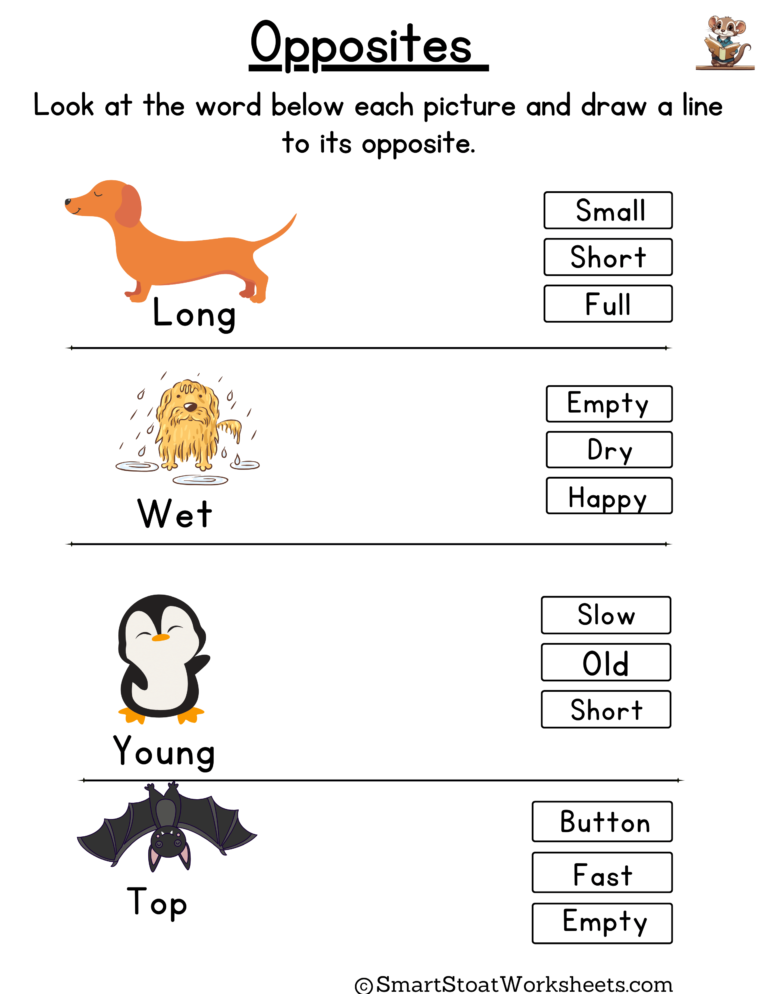 Opposites Worksheets for Kindergarten and Preschool