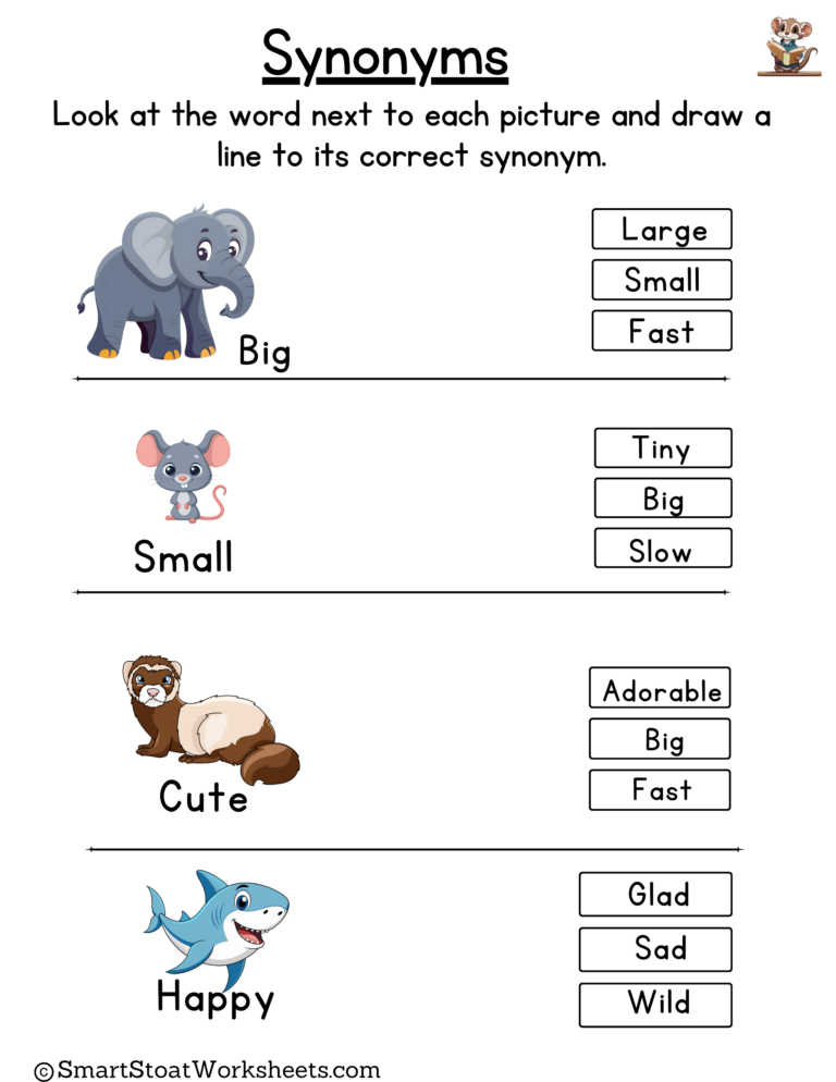 Synonyms Worksheets for Kindergarten and Preschool