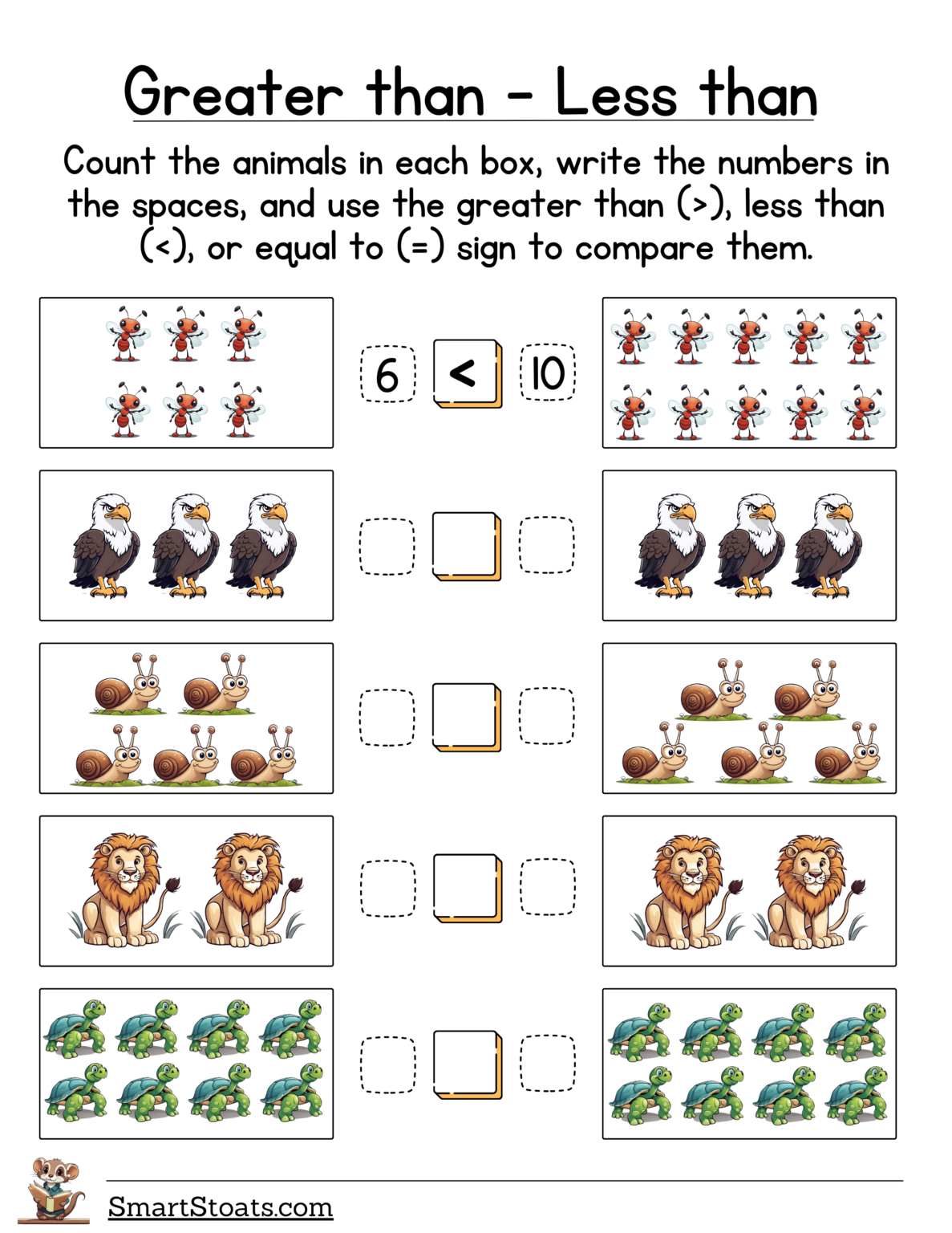 Greater Than, Less Than, or Equal To Worksheets for First Graders