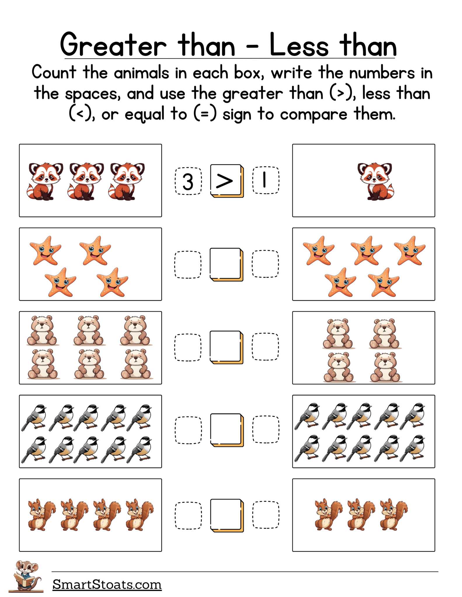 Greater Than, Less Than, or Equal To Worksheets for First Graders