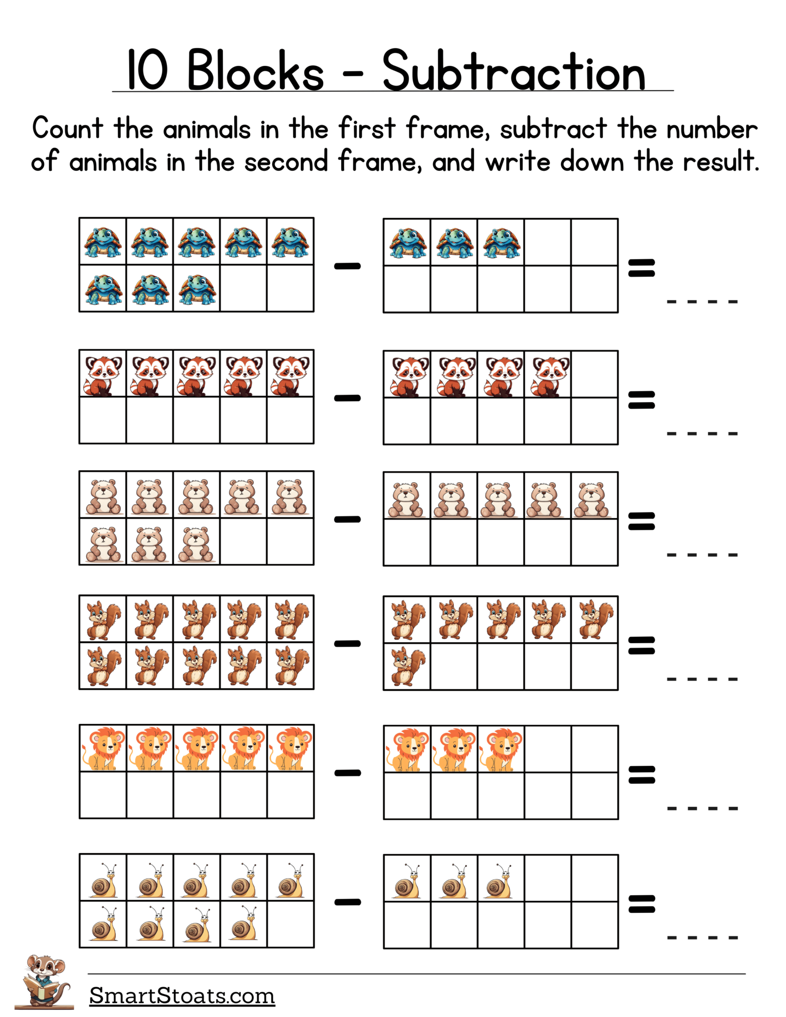 Subtraction with Ten Frames Worksheets | Download Free PDF