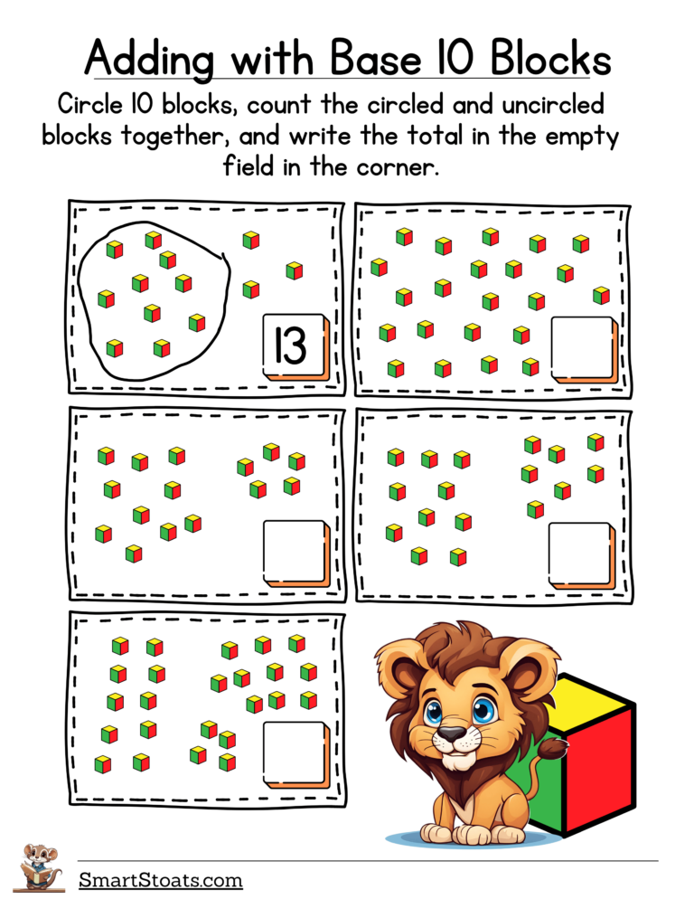 Adding with Base 10 Blocks Worksheets – Printables for 1st Grade