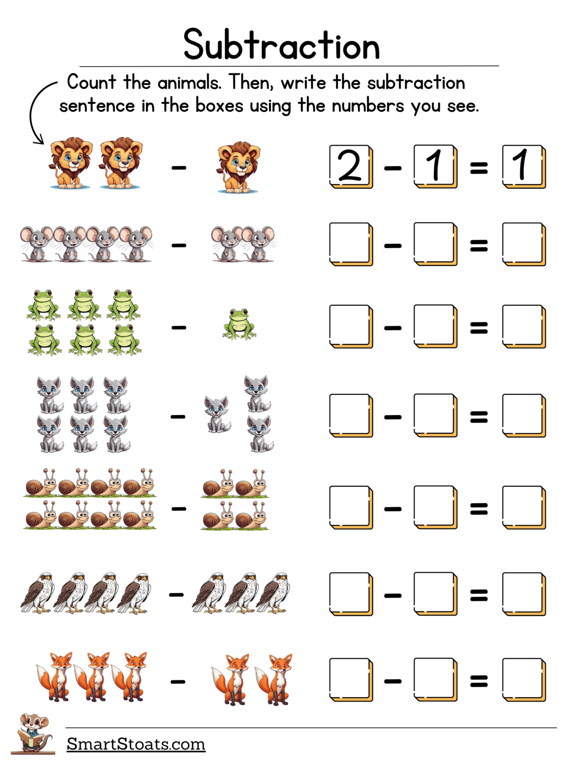 Subtraction with Pictures | Printable Sheets for 1st Grade Kids