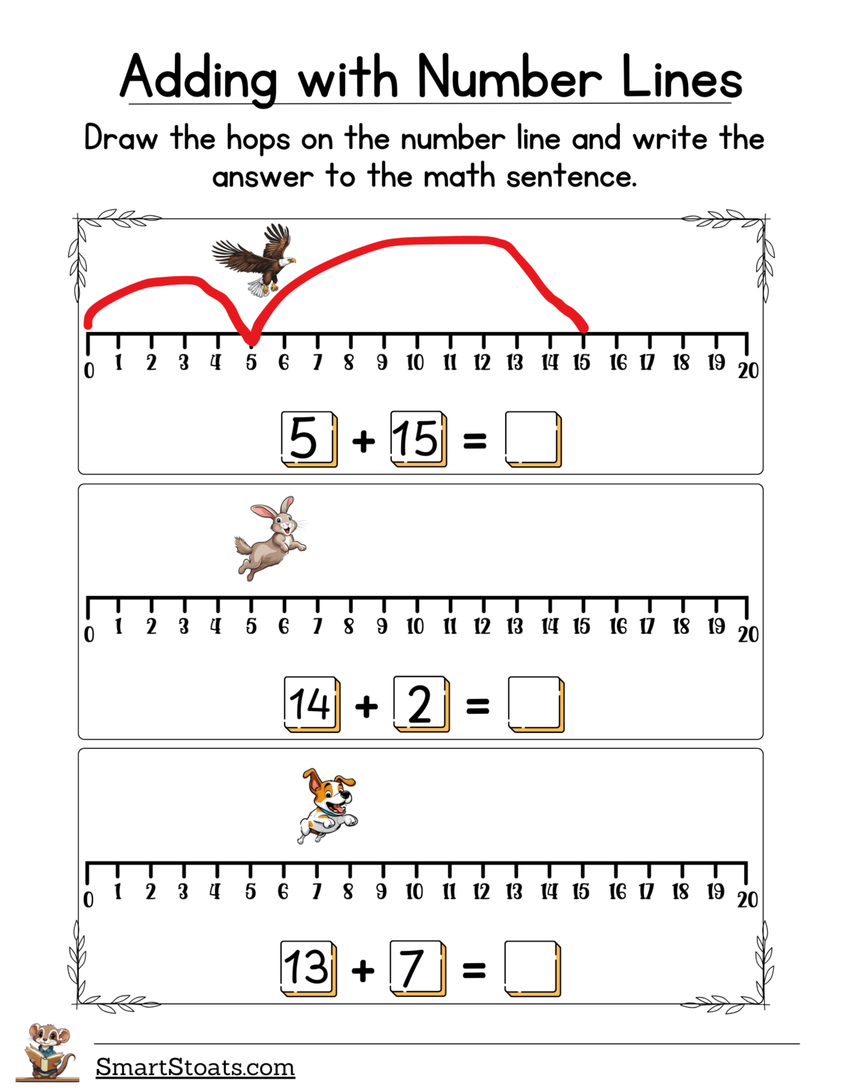 Number Line Addition from 1 to 20 for 1st Grade and Kindergarten