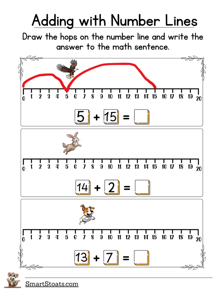 Number Line Addition from 1 to 20 for 1st Grade and Kindergarten