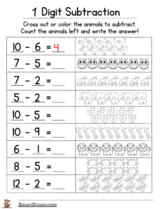 Subtracting One Digit Worksheets | 1st Grade Math | Free PDF