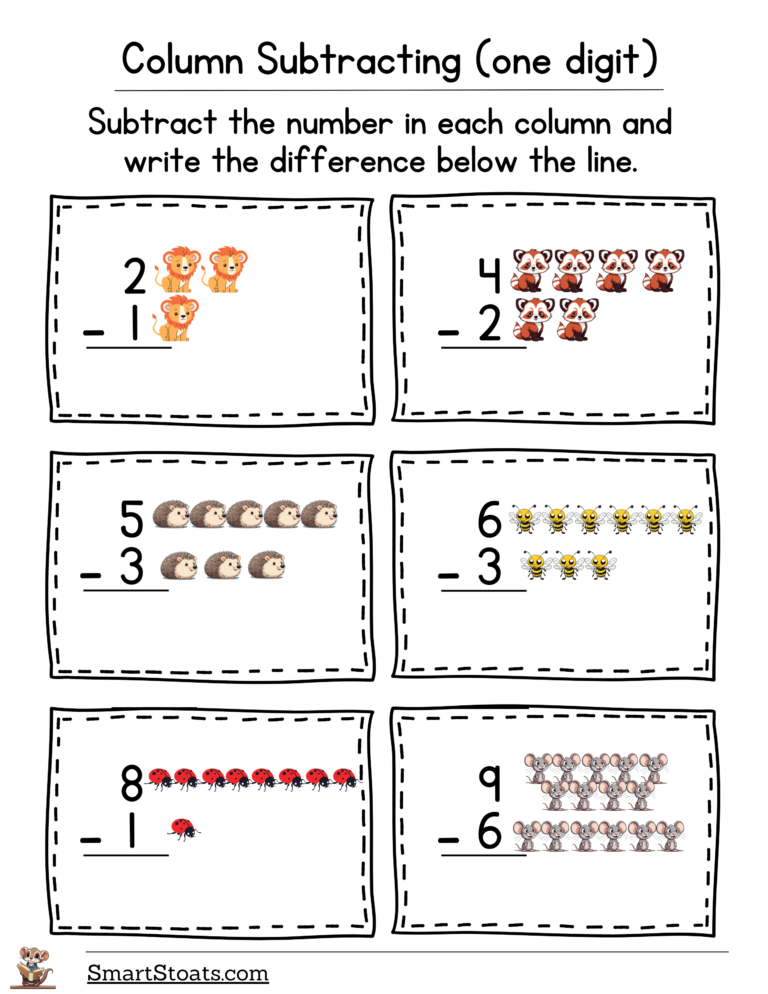 Subtracting One Digit Worksheets | 1st Grade Math | Free PDF