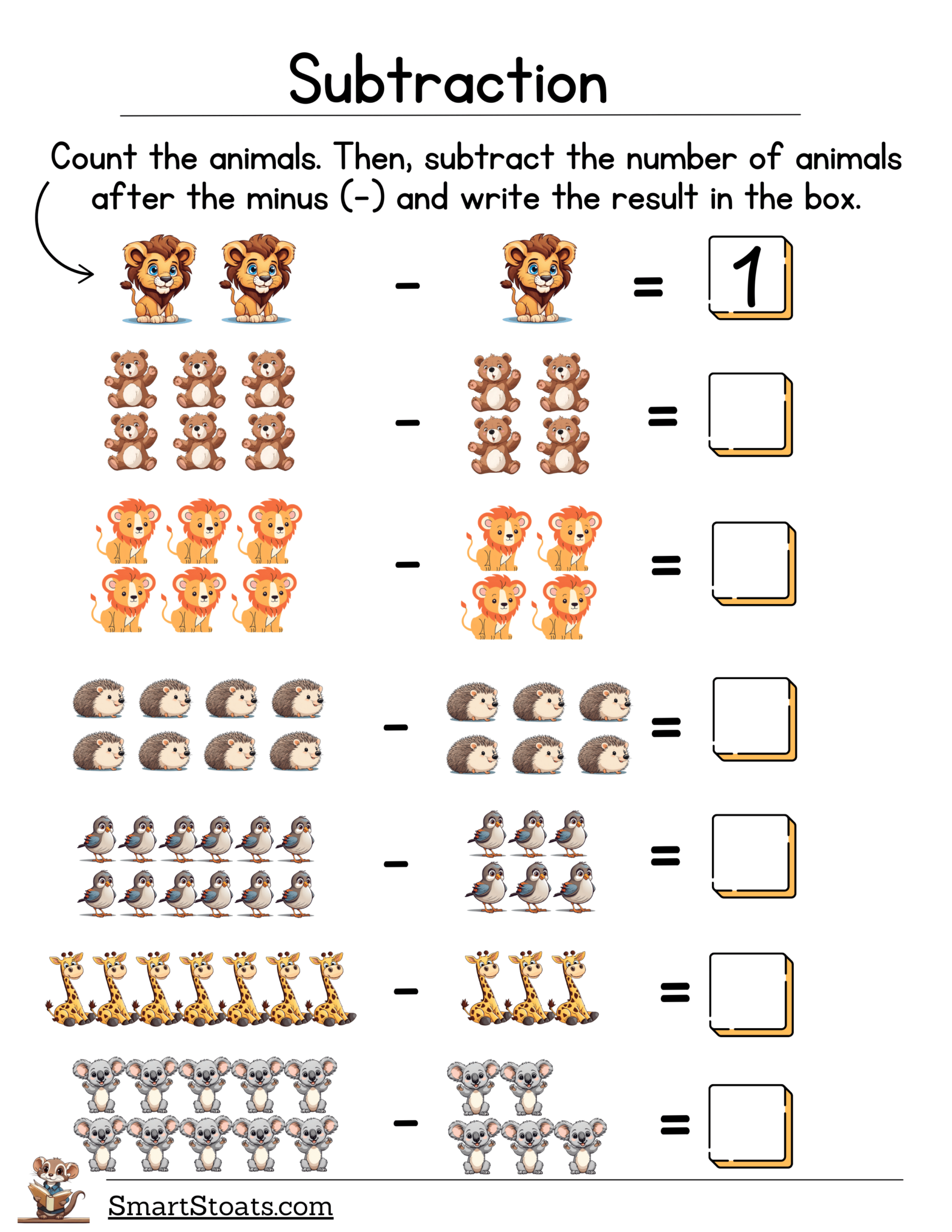 Subtraction with Pictures | Printable Sheets for 1st Grade Kids