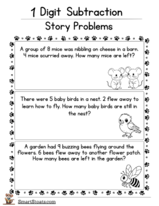 1 and 2 Digit Subtraction Word Problems Worksheet for 1st Grade