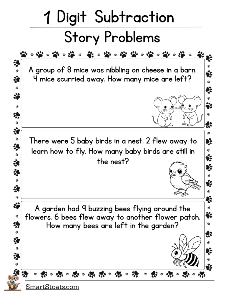 1 and 2 Digit Subtraction Word Problems Worksheet for 1st Grade