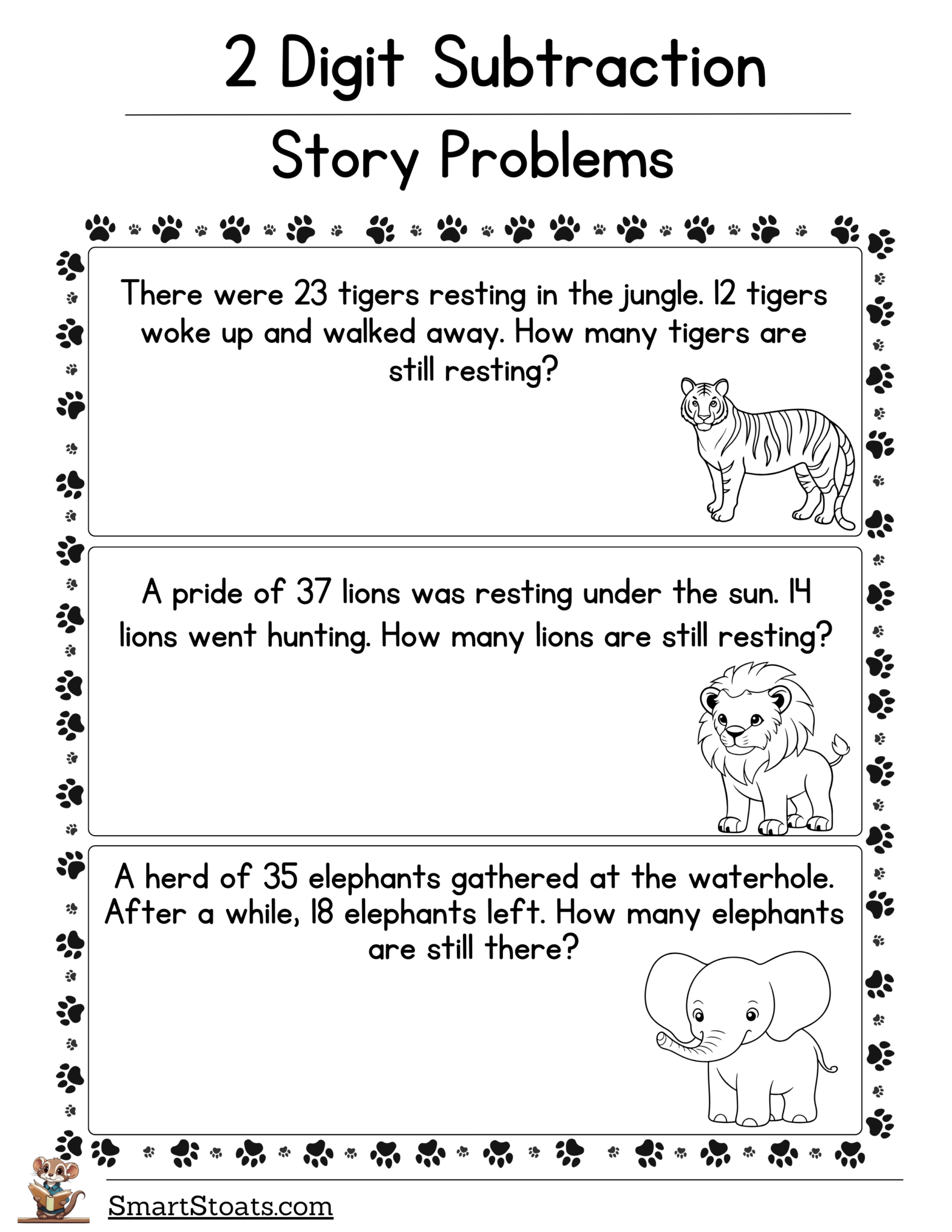 1 and 2 Digit Subtraction Word Problems Worksheet for 1st Grade