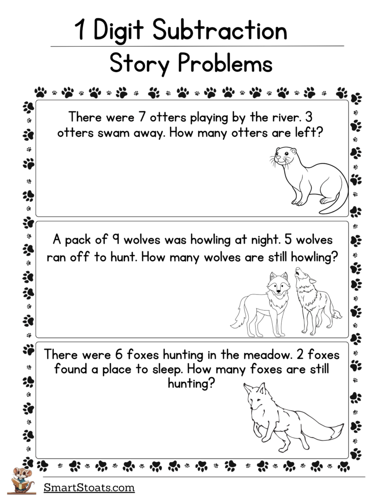 1 and 2 Digit Subtraction Word Problems Worksheet for 1st Grade