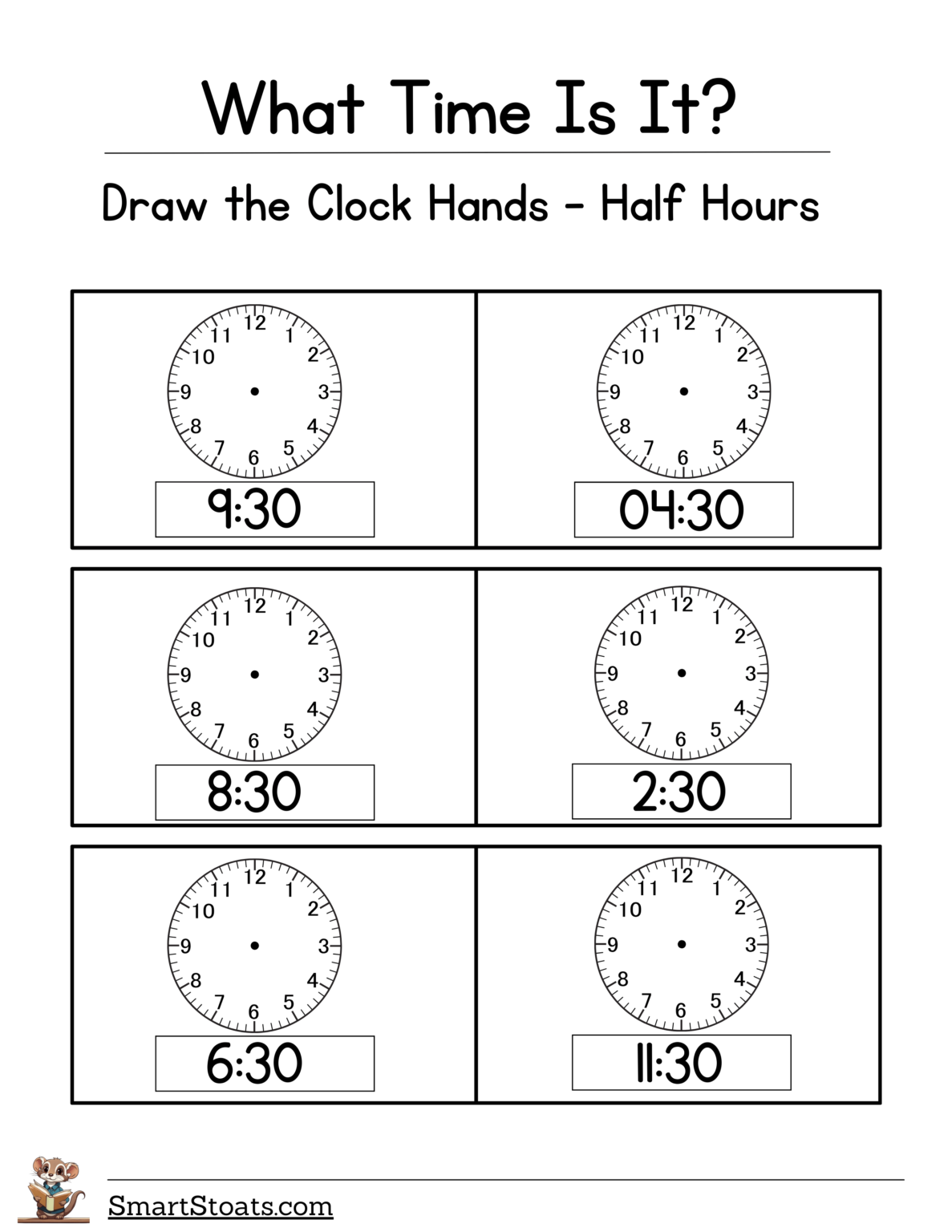 Draw the Hands on the Clock Worksheets for 1st Grade | Free