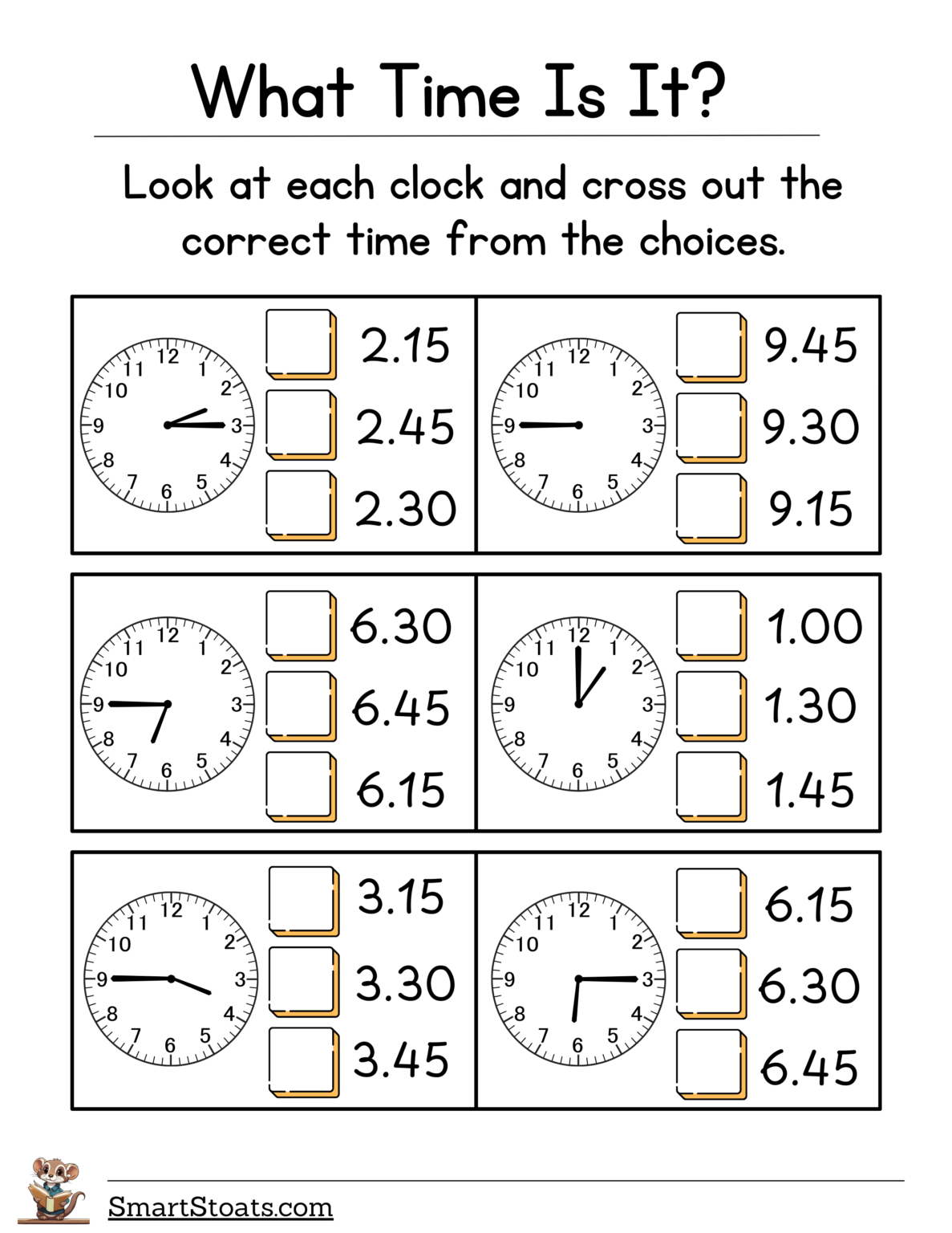 Tell the Time Clock Worksheets for 1st Graders